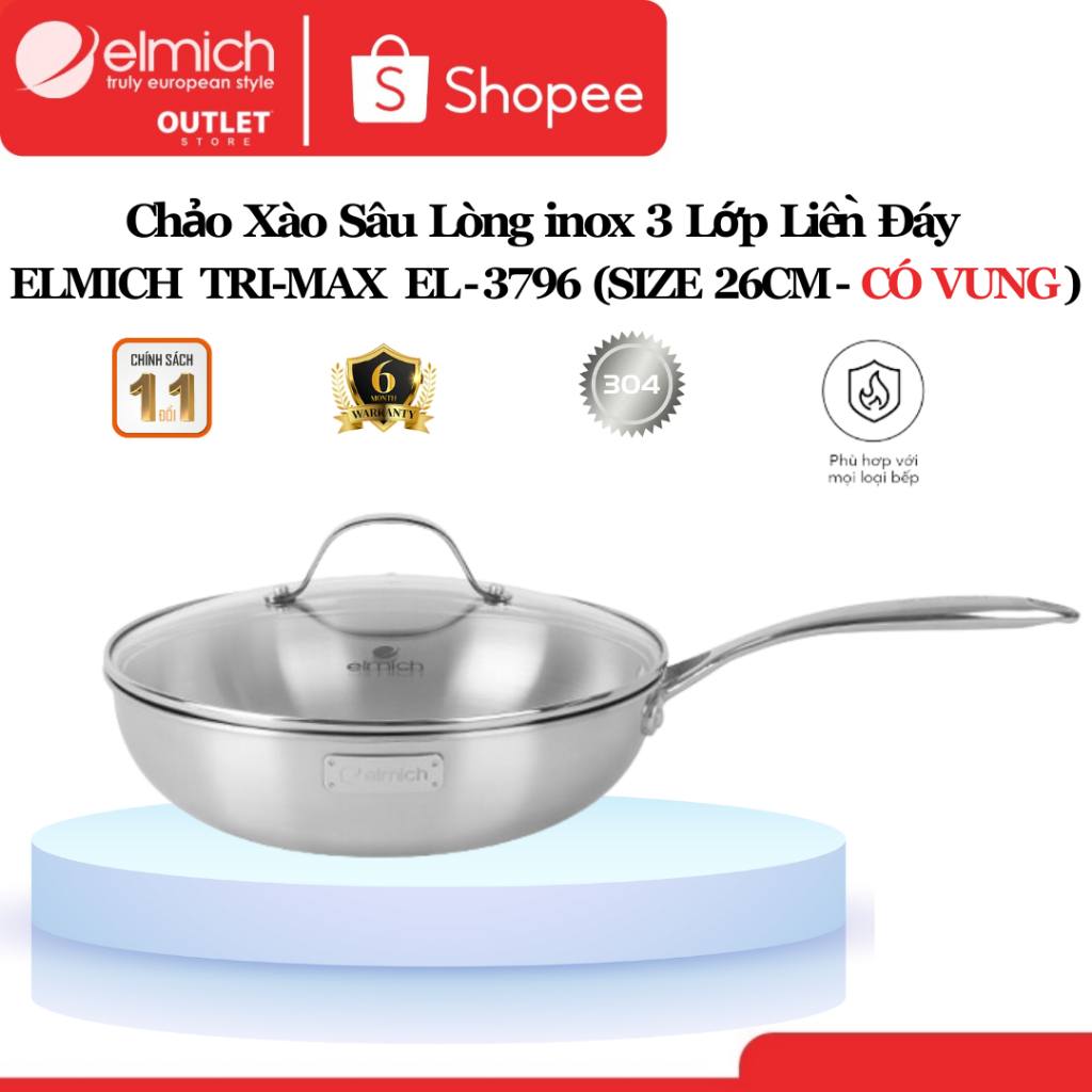 Elmich TRI-MAX 3-layer stainless steel deep stir-fry pan (Can be used ...