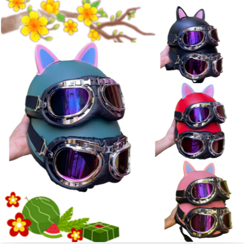 Helmet, 1 2 Helmet, Half Head Helmet with Goggles and Cat Ears Shop ...