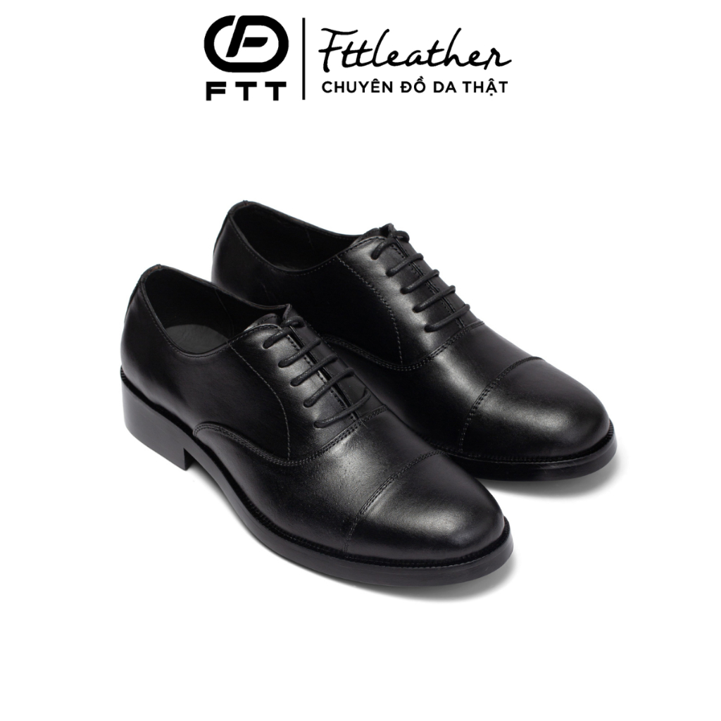 Ftt Leather cowhide men's dress shoes Oxford cap-toe shoes with short toe sole and black sole ...