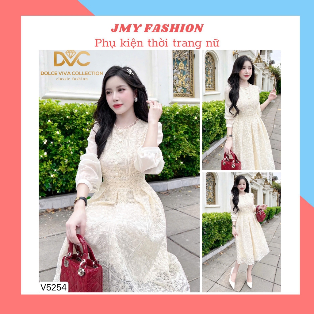 V5254 Feminine cream lace dress with long silk sleeves [Dolce Viva ...