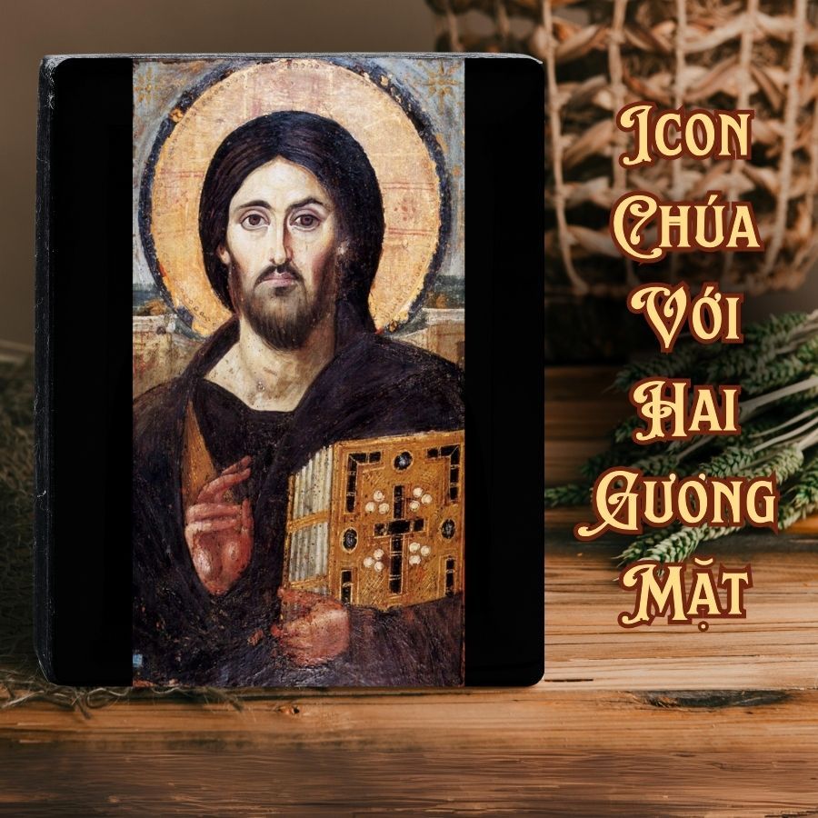 Wooden Painting of Jesus Icon with 2 Faces - Natural wood painting with ...