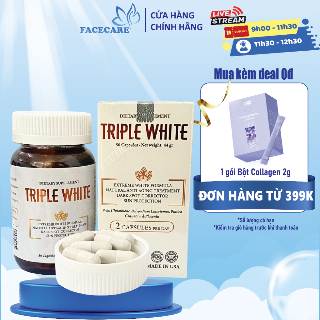 Triple WHITE Skin Whitening and Sunscreen Pills US Box of 50 Pills ...