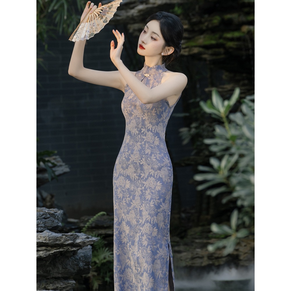 Modern cheongsam Chinese hanfu modern ao dai blue purple halter neck ...