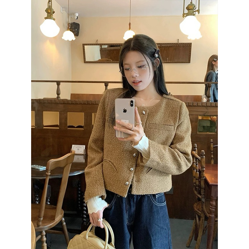 Brown Korean Tweed Evening Dress with curved pockets, standard form ...