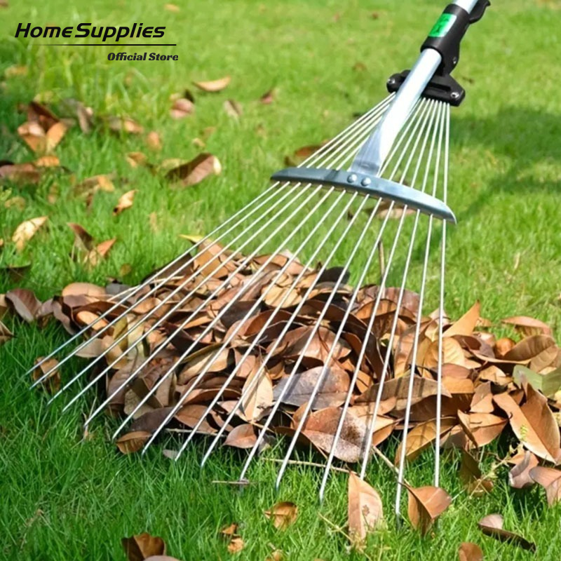 Foldable Grass Rake, Steel Broom Leaf Rake with 15 Multi-Purpose Teeth ...