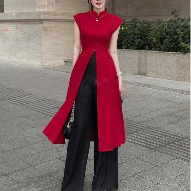 Modern American silk ao dai model with 3 traditional bright red slits ...