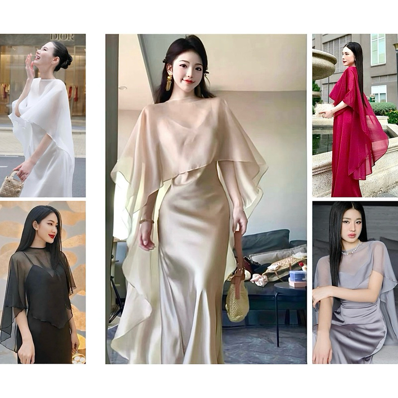 [REAL PHOTO] Silk Dress Set with Luxurious Designer Long Silk Chiffon ...