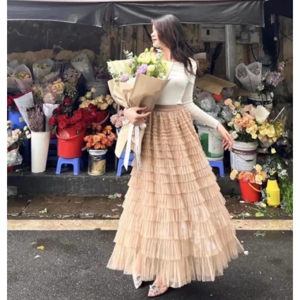 Multi-layered lace mesh skirt with long flared princess style, skirt length 90cm-95cm | Shopee ...