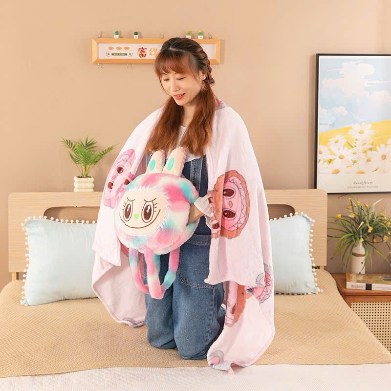 Labubu teddy bear - labubu 2-in-1 pillow and blanket, long-haired lele ...