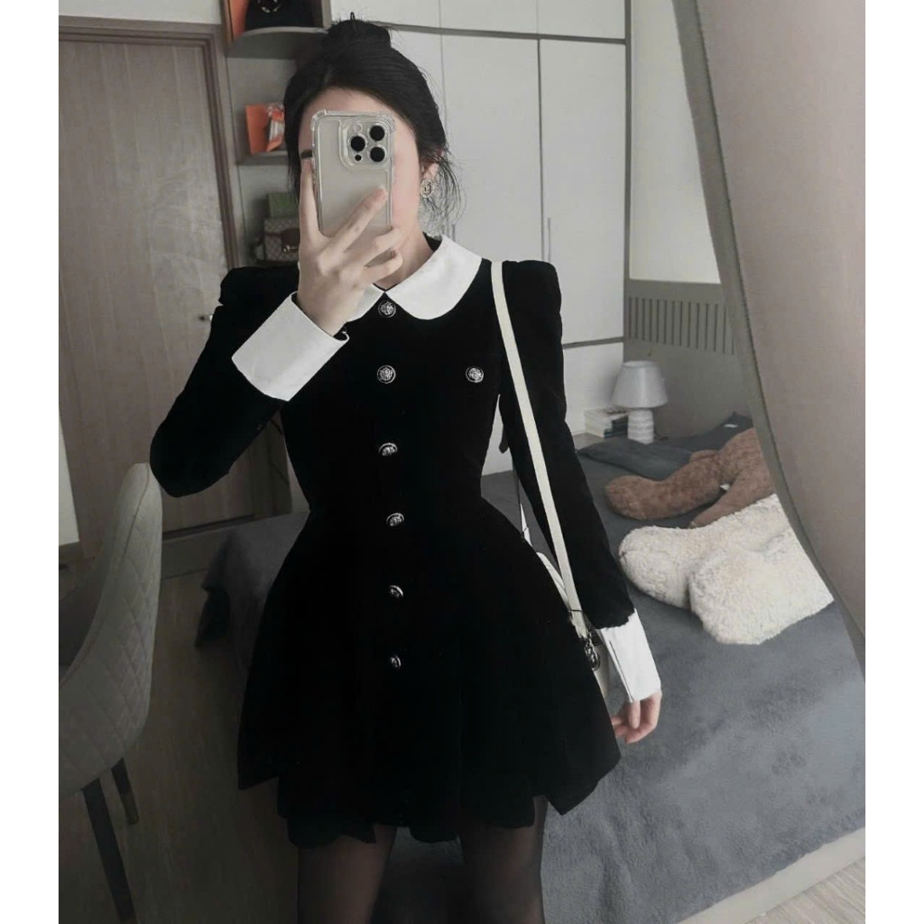 Women's velvet dress with white lotus and black body, 2 short and long ...