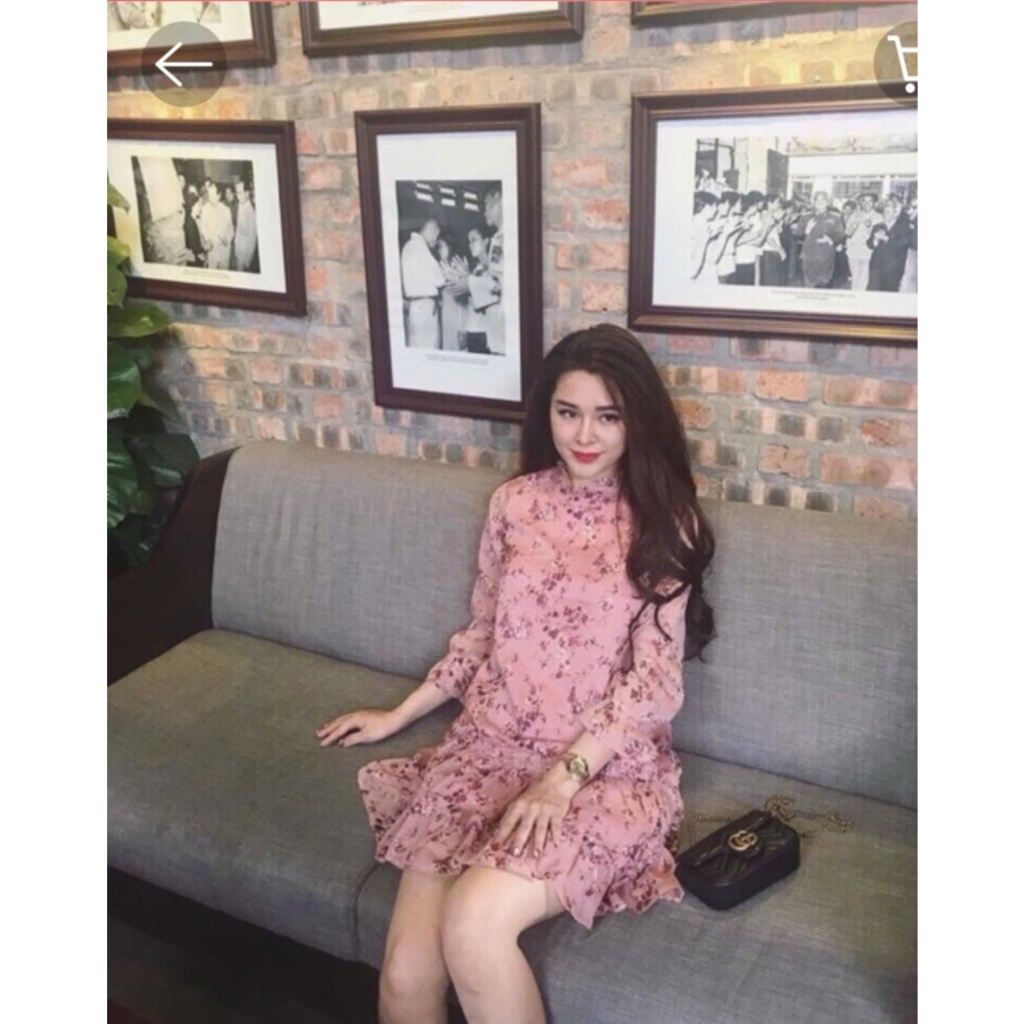 3-layer puff sleeve chiffon dress with inner lining, round neck ...