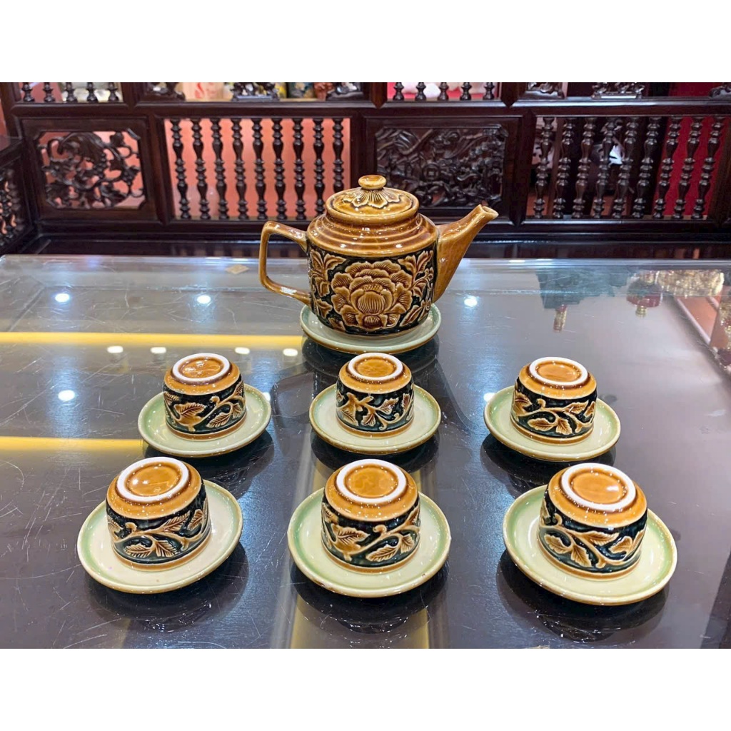 Bat Trang ceramic tea set with yellow square handle embossed with ...