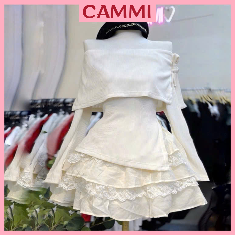 Set Lady's Off-Shoulder Diagonal Bow Tie Dress + White Lace Skirt with ...