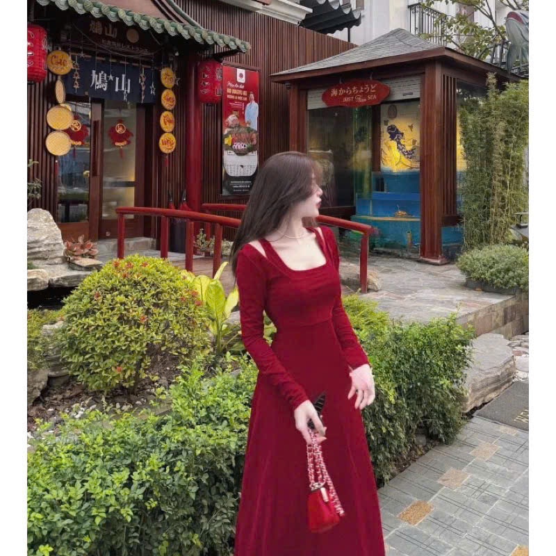 Long square neck red dress | Shopee Malaysia