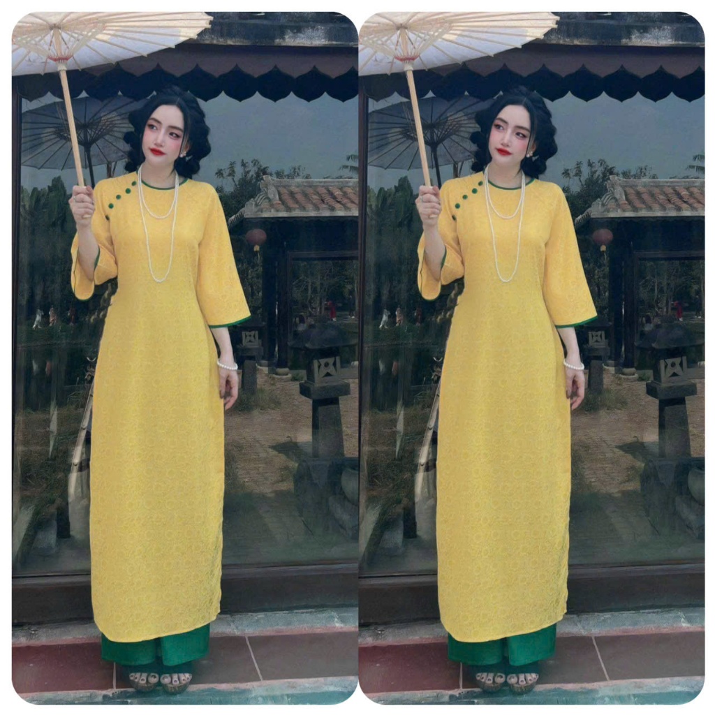 Modern silk brocade ao dai with slim fit code E2 in yellow | Shopee Malaysia