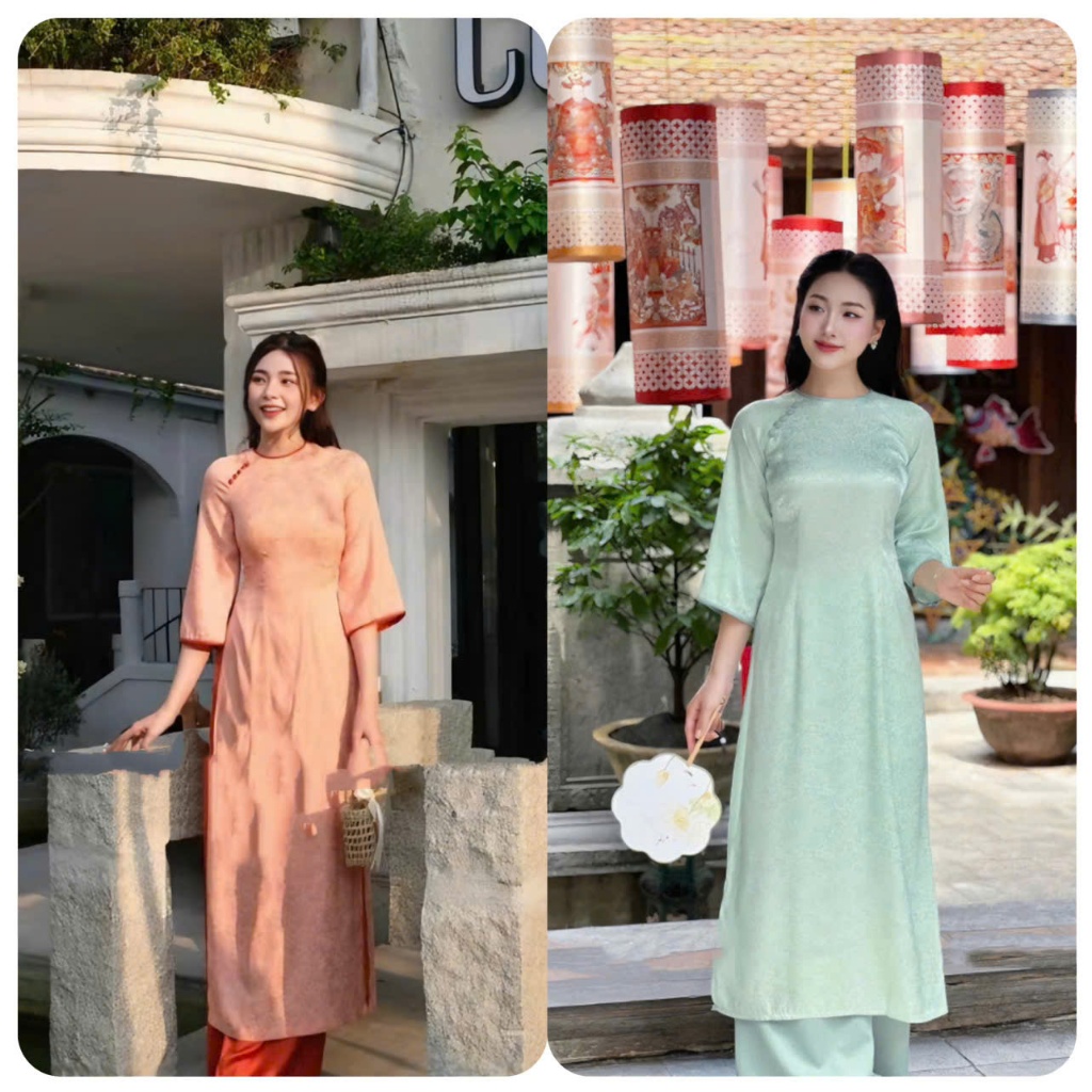 Modern brocade ao dai with slim fit code E2 in peach orange color ...
