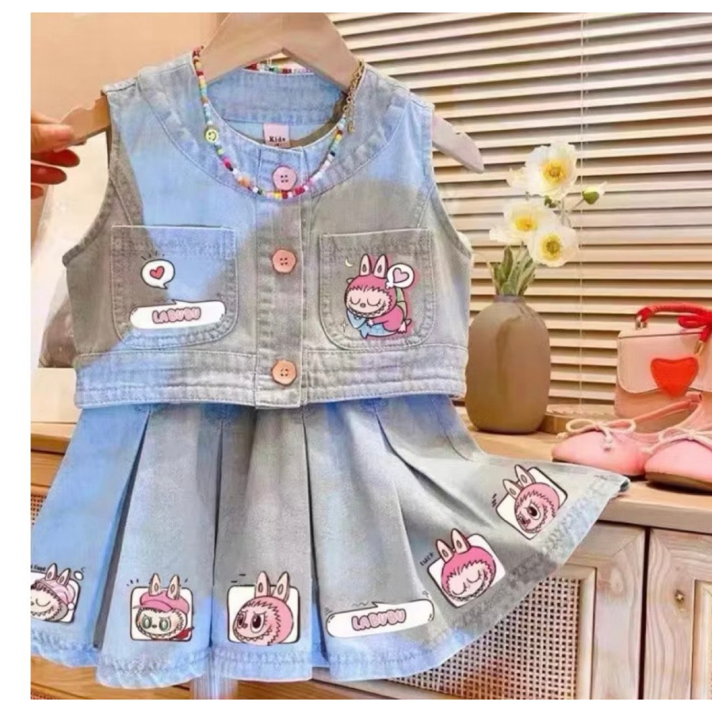 Baby girl dress, shirt set Sleeveless Labubu Jeans with stylish pleated ...