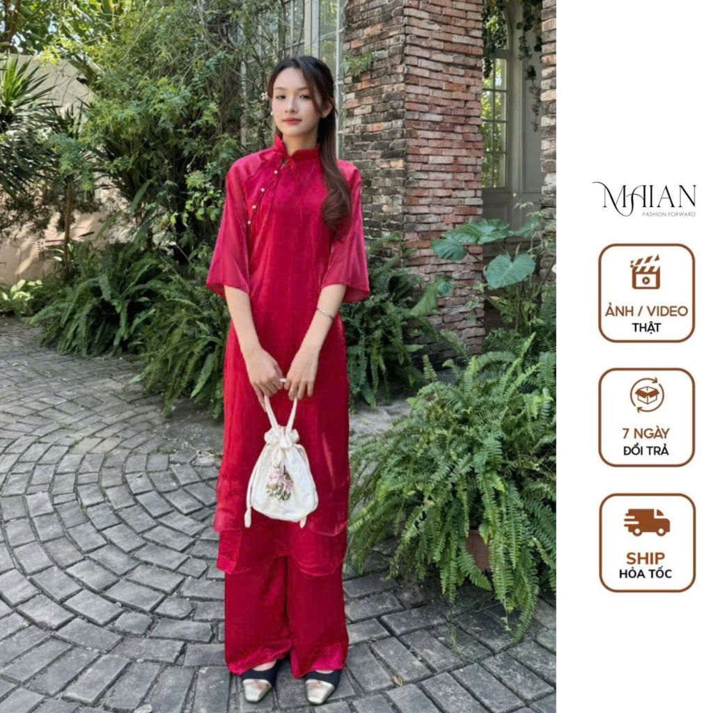 Modern women's ao dai Set in silk fabric with silk lining and Maian heart collar, slit shirt ...