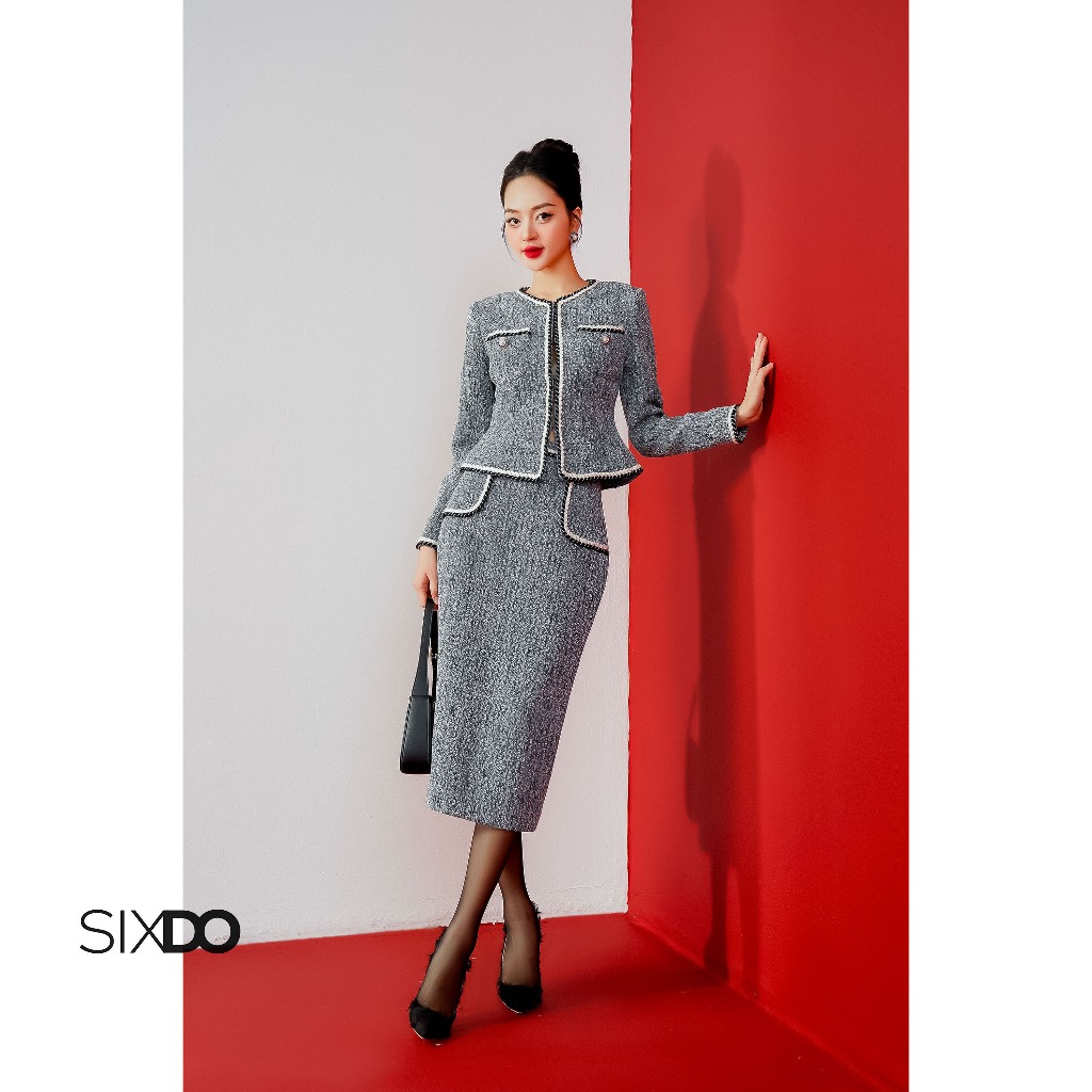 Sixdo Tweed Pencil Skirt (White & Black Midi Tweed Skirt) | Shopee Malaysia
