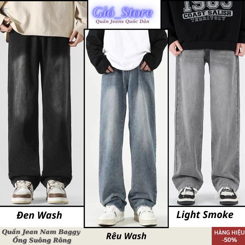 Wash Retro wide-leg baggy jeans for men in blue and black, thick denim ...