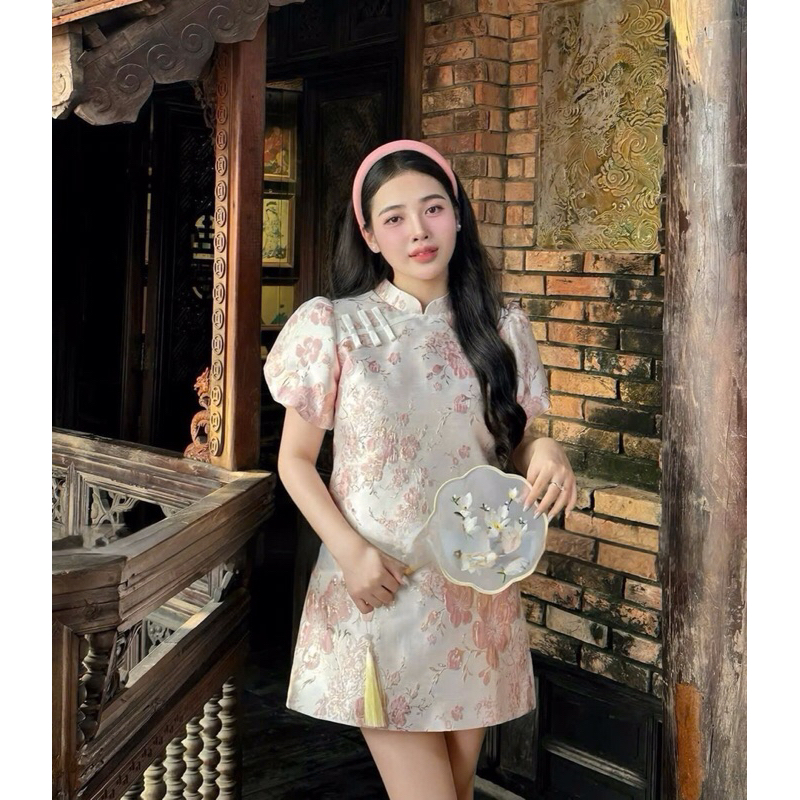Renovated Pink Brocade Cheongsam Dress with Puff Sleeves and Stylized ...