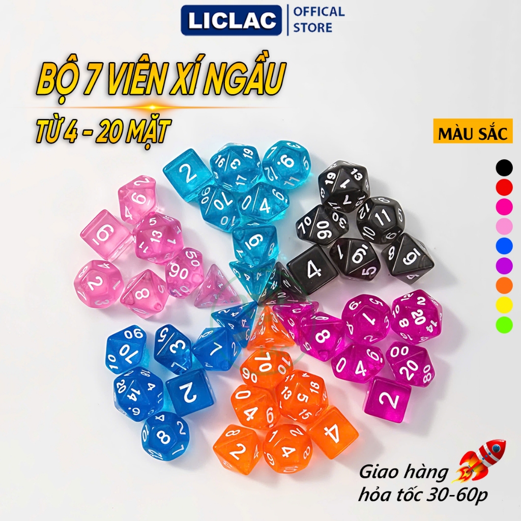 Set of 7 Multi-Sided dice from 4 to 20 sides, Clear color, many colors ...
