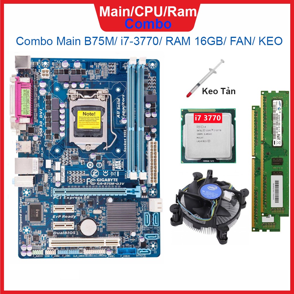 Combo Mainboard B75M + CPU i7 3770 + 16GB RAM + FAN + Thermal paste ...
