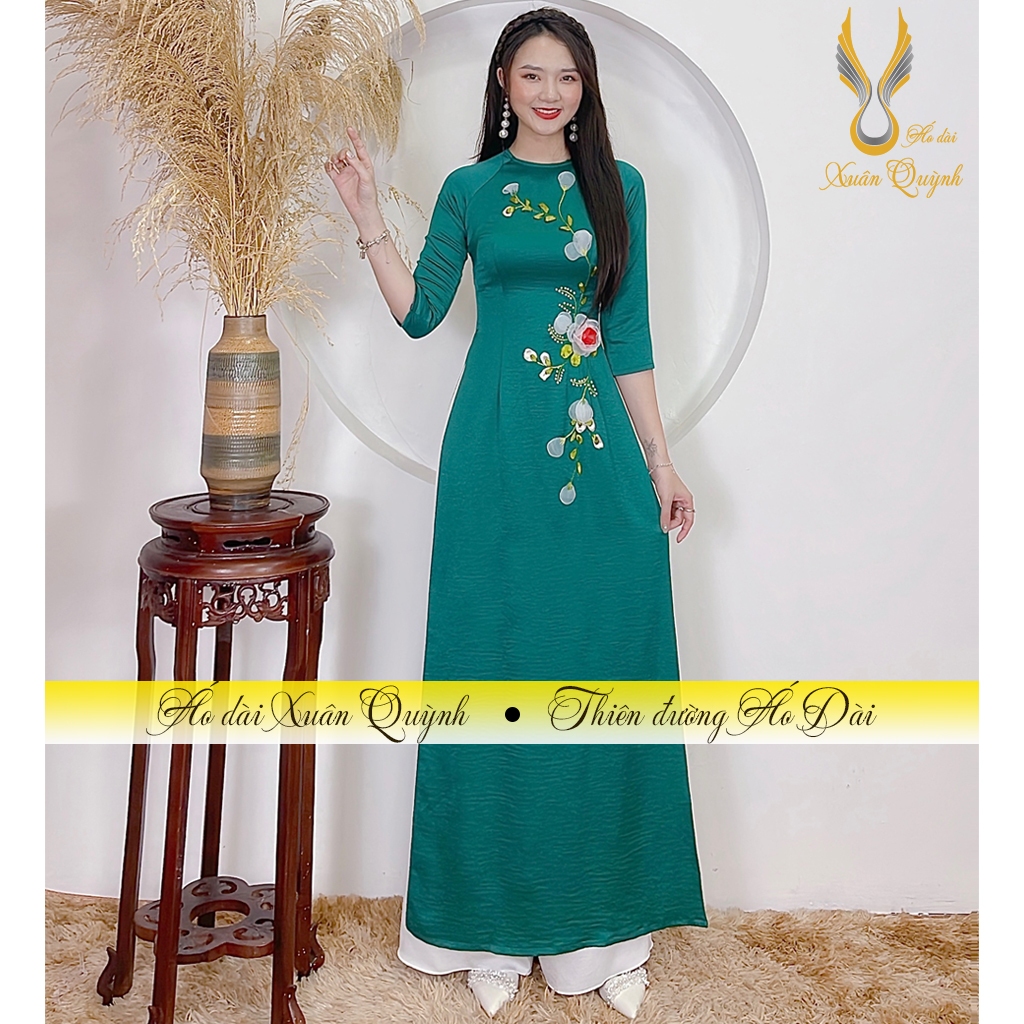 Green Tay Thi Ao Dai with Silk Flowers, Outstanding and Charming A41 - Xuan Quynh Ao Dai ...