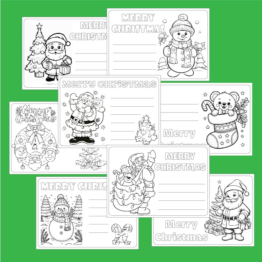 Christmas coloring cards for children Set of 8 cute coloring pages ...