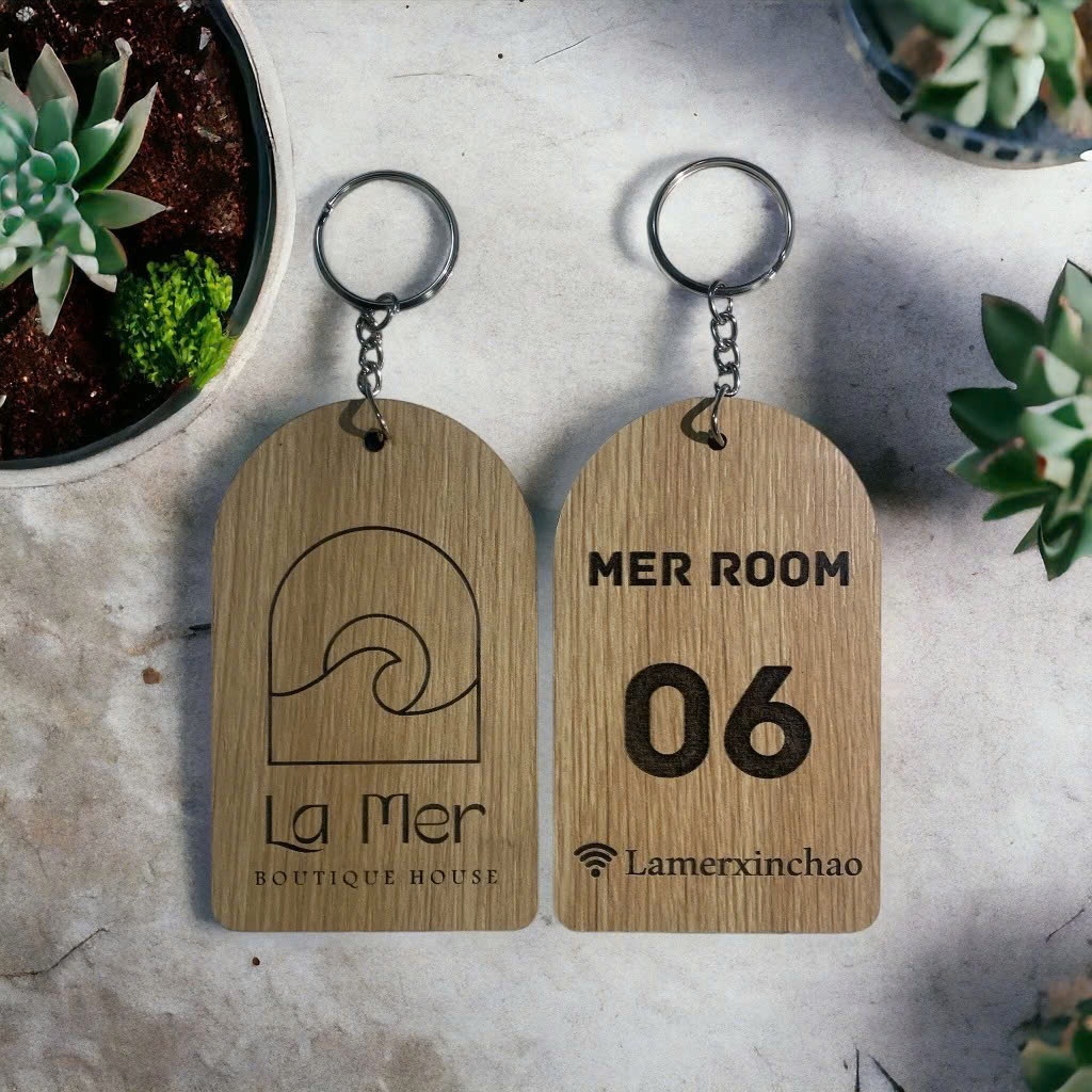 Laser engraved wooden keychain with room number, logo, name of hotel ...