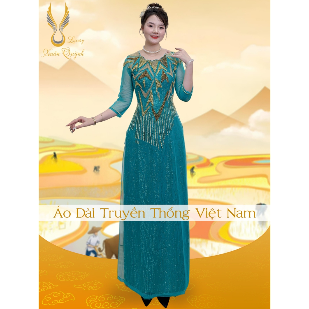 SA Elegant and Youthful 6-Piece Sequin Ao Dai, Handmade Applique QVIP11 Thien Ly Green - Xuan ...