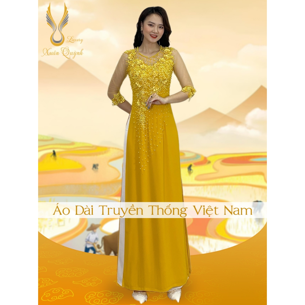 Sui Gia Ao Dai with 4-Sleeve Design, Outstanding Luxury QM03 Yellow - Xuan Quynh Luxury | Shopee ...