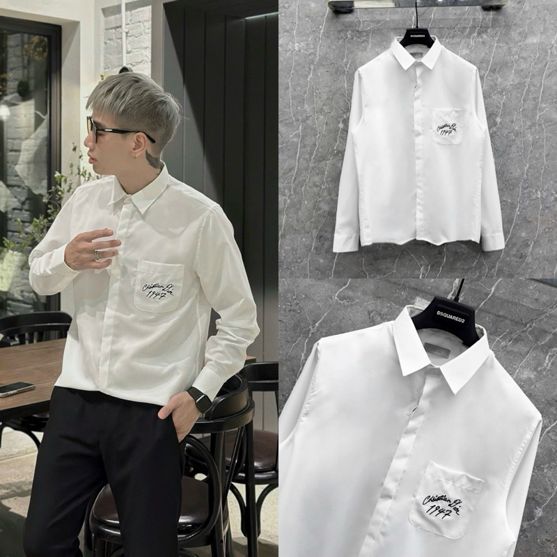 Men's long-sleeved white shirt CD candle silk plain body embroidered ...