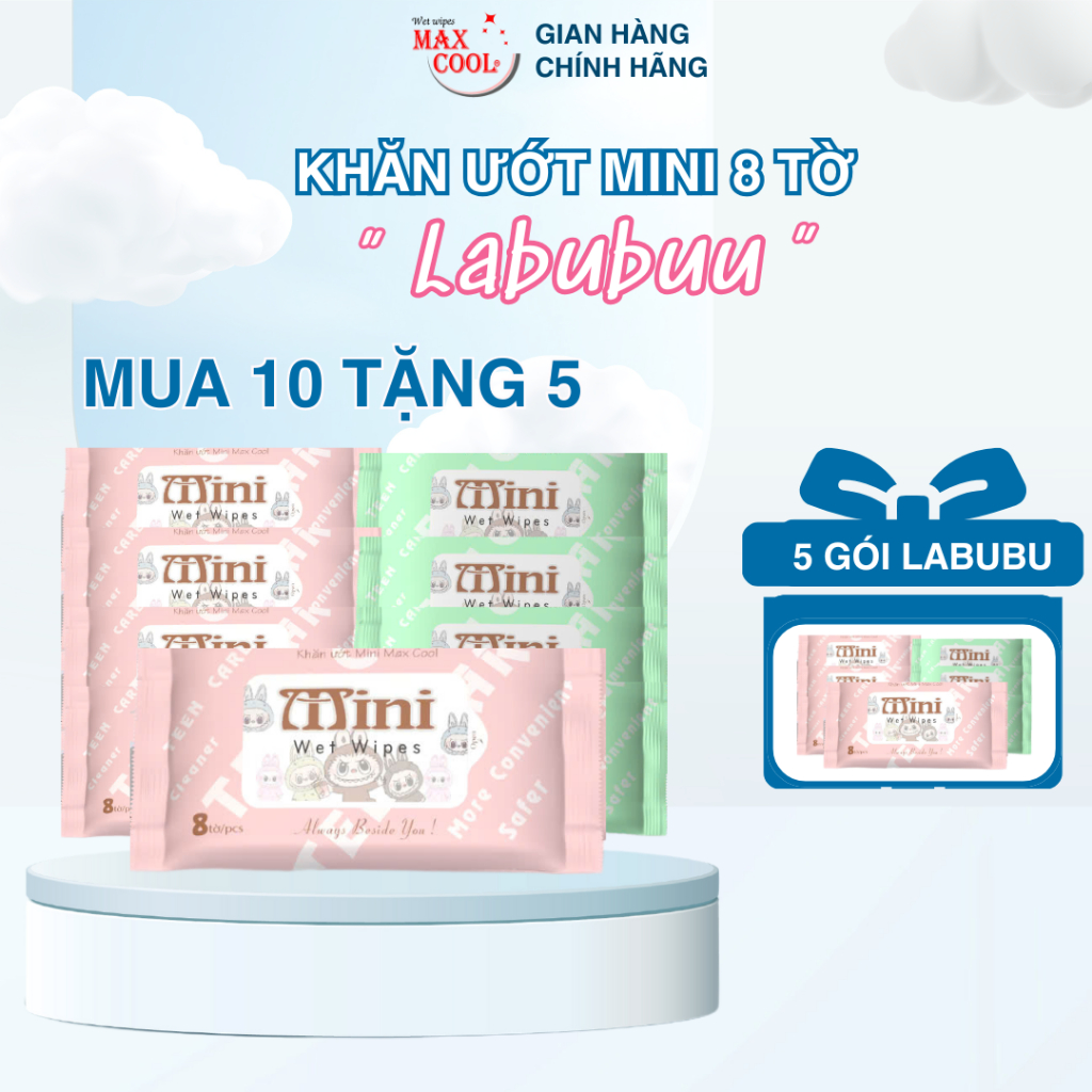 Buy 10 get 5 free Mini Max Cool wet wipes 8 sheets Super cute LABUBUU ...
