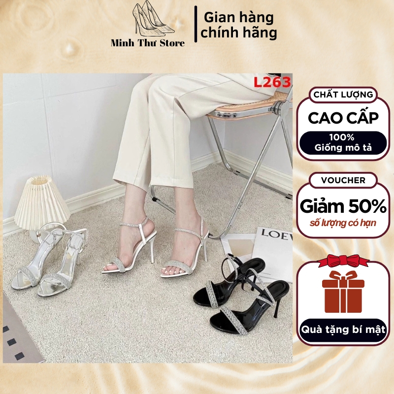 Minh Thu women's high heel sandals with round toe and high quality stone straps, 9cm stiletto ...