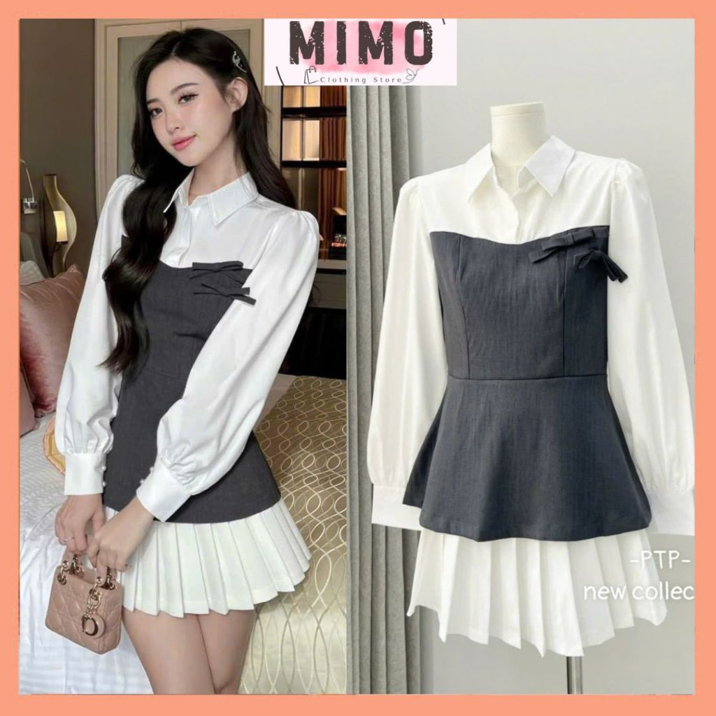 [MIMO] Elegant EASY TO MATCH ROLLED WAIST SHIRT AND PLEATED SKIRT SET ...
