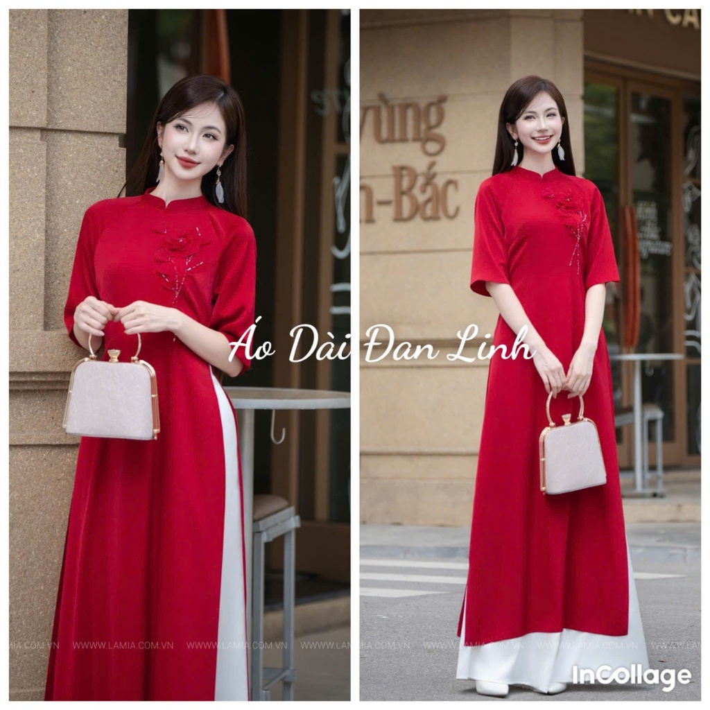 (A488-A793) Red silk modern ao dai with silk flowers - Dan Linh Ao Dai | Shopee Malaysia