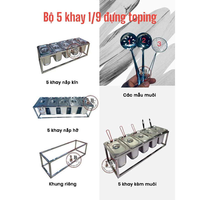 Regular frame set of 5 1/9 stainless steel trays for toppings, spices ...