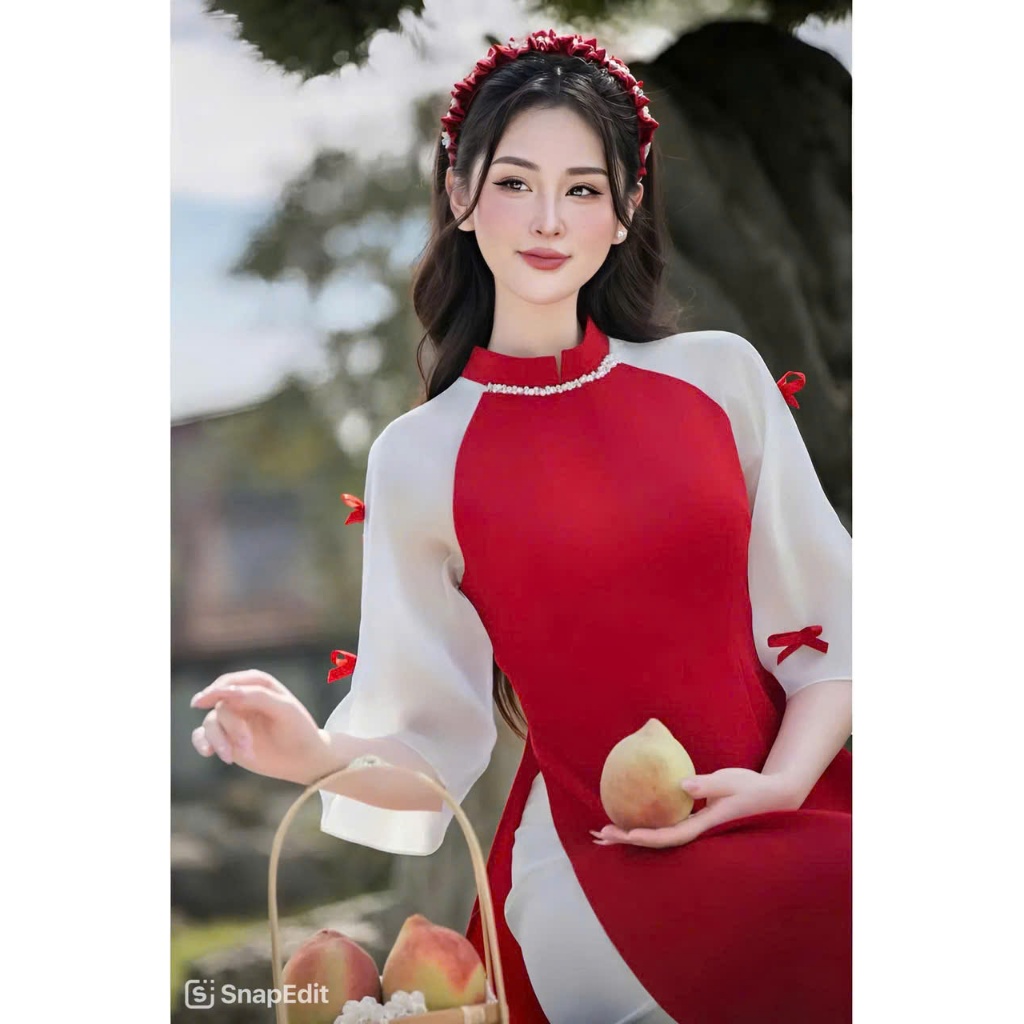 Traditional CNY outfit Set: velvet ao dai with turtleneck mixed with ...