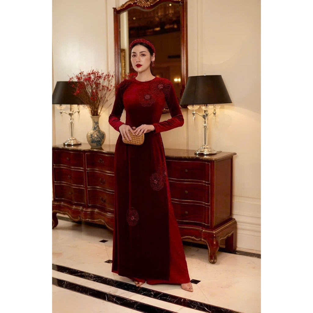 Traditional Huong Phuong Ao Dai in soft Snow Velvet fabric, round neck design with floral ...