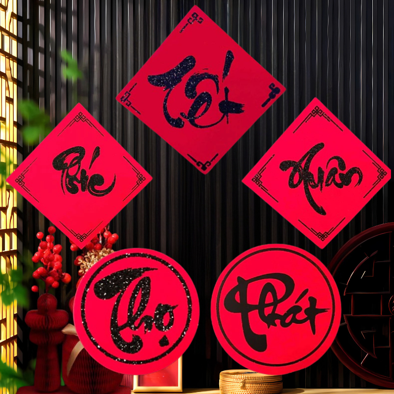 [CNY] Calligraphy Letters Red Velvet Paper with Glitter Traditional Tet ...