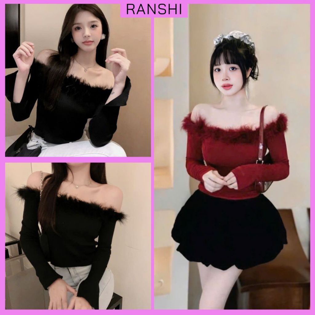 Ranshi Long-Sleeved Off-Shoulder Blouse with Soft Fur Trim, Cute Body ...