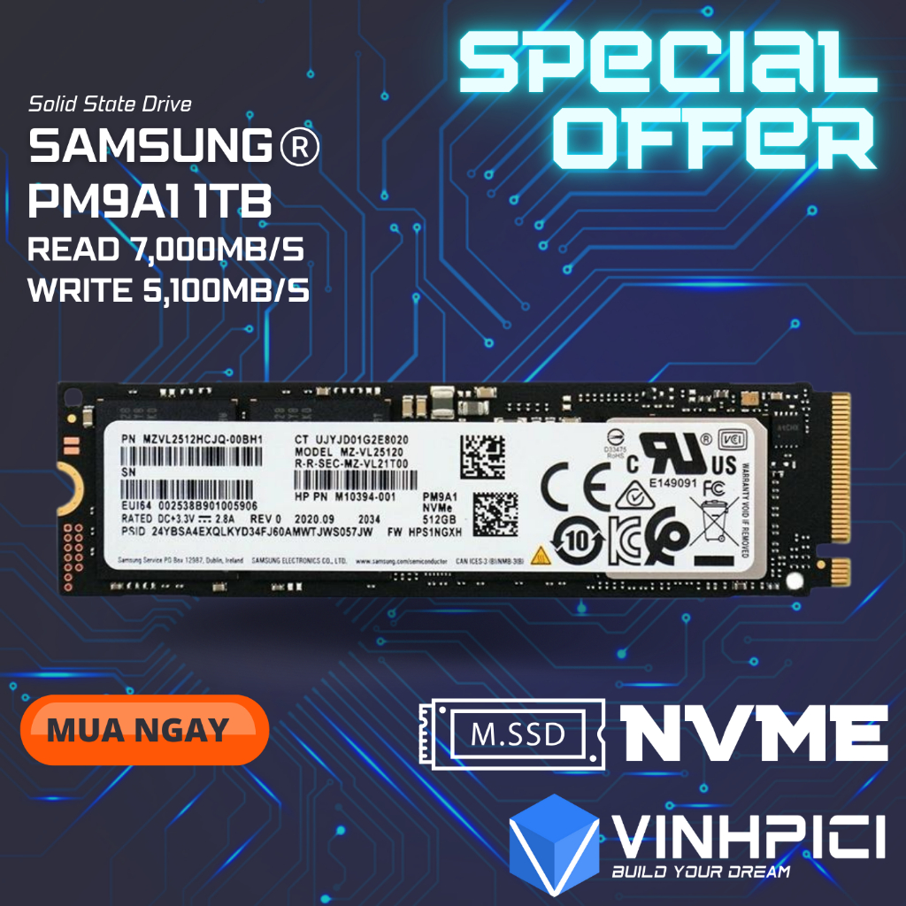 Samsung PM9A1 1TB Gen4 x4 M.2 2280 SSD Hard Drive (Read 7000MB/s, Write ...