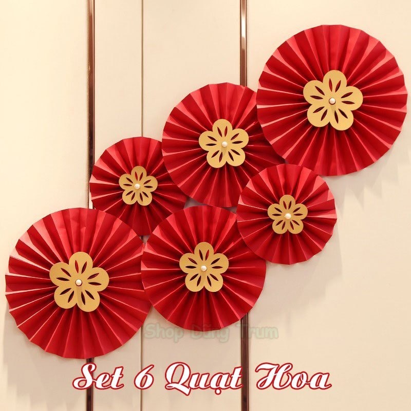 Set of 6 Red Paper Fans Decorative Round Paper Fans CNY Red Folding ...