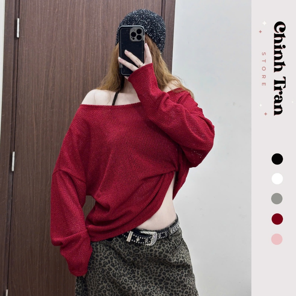 (INCLUDED) Loose Form Off-the-Shoulder Long Sleeve Thin Mesh Lace Top ...