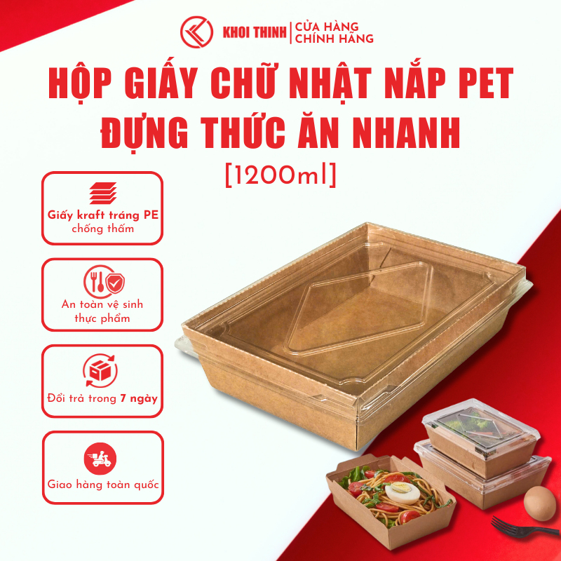 Set of 50 Rectangular Brown Kraft Paper Rice Boxes with PET Lid 1200ml ...