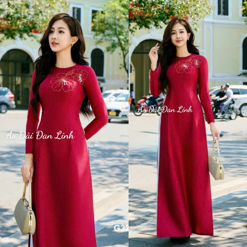 Red wood grain silk ao dai with handmade flowers - Dan Linh Ao Dai | Shopee Malaysia