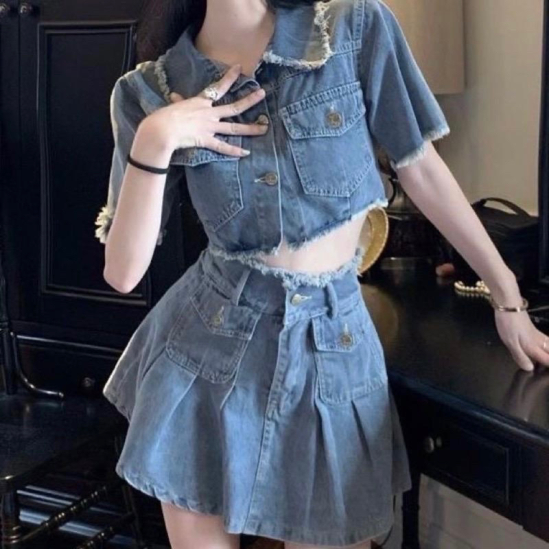 Jeans set, jean set, personality women's clothing set, denim skirt set ...