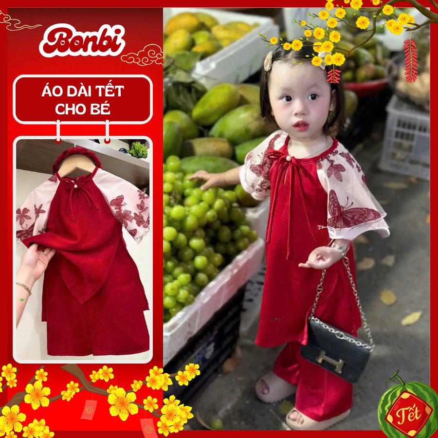 [ce] Modern ao dai for girls BONBI ao dai CNY 2025 made of soft, cool silk for children to take ...