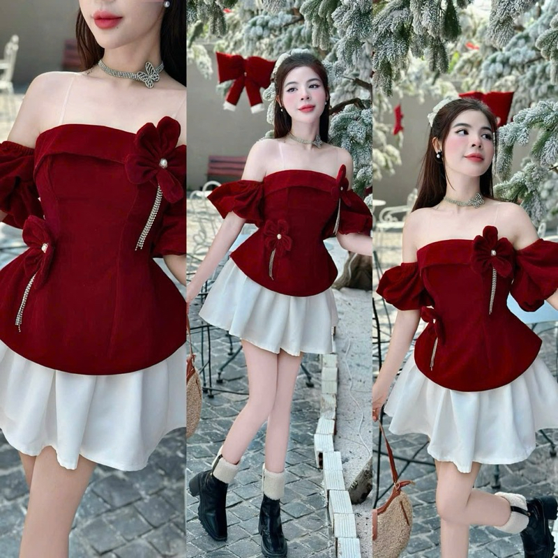 Red velvet shirt Set with off-the-shoulder puff sleeves and maternity ...